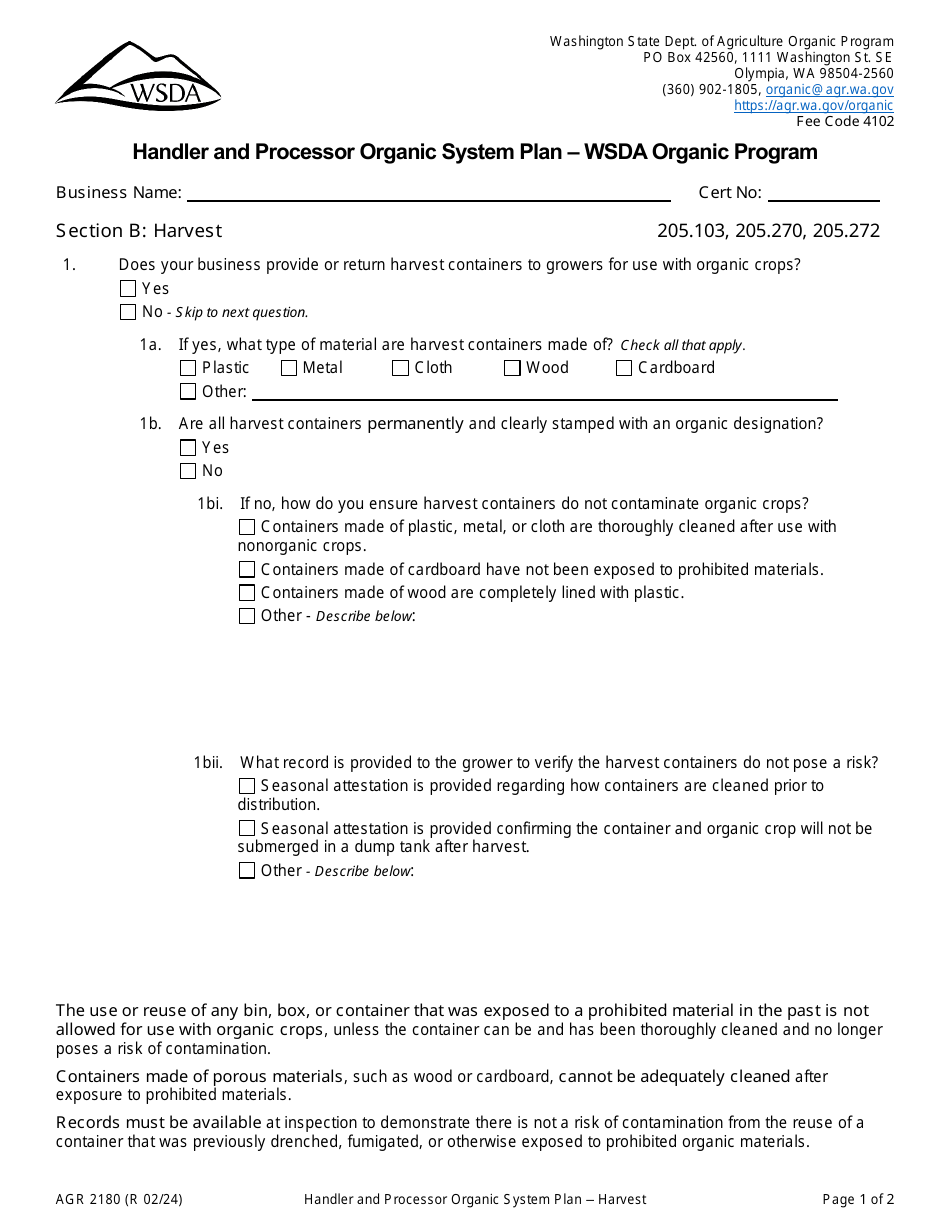 Form AGR2180 Download Printable PDF or Fill Online Handler and ...