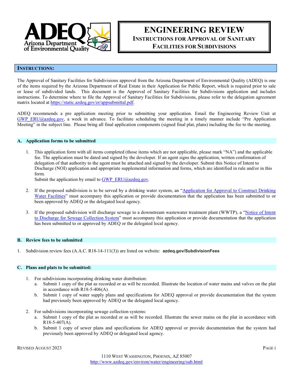 Arizona Engineering Review - Approval of Sanitary Facilities for ...