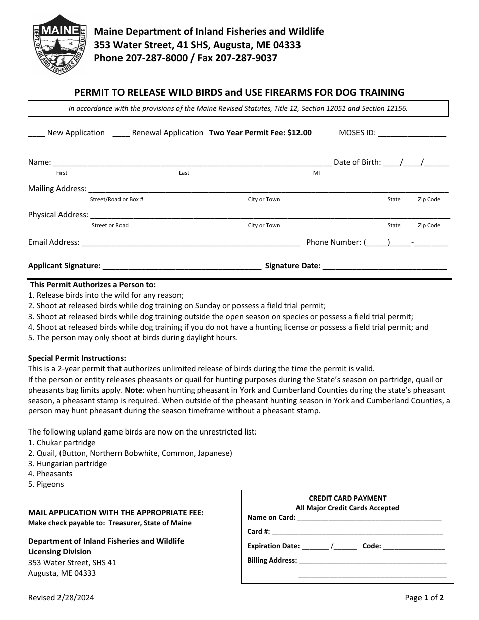Maine Permit to Release Wild Birds and Use Firearms for Dog Training ...