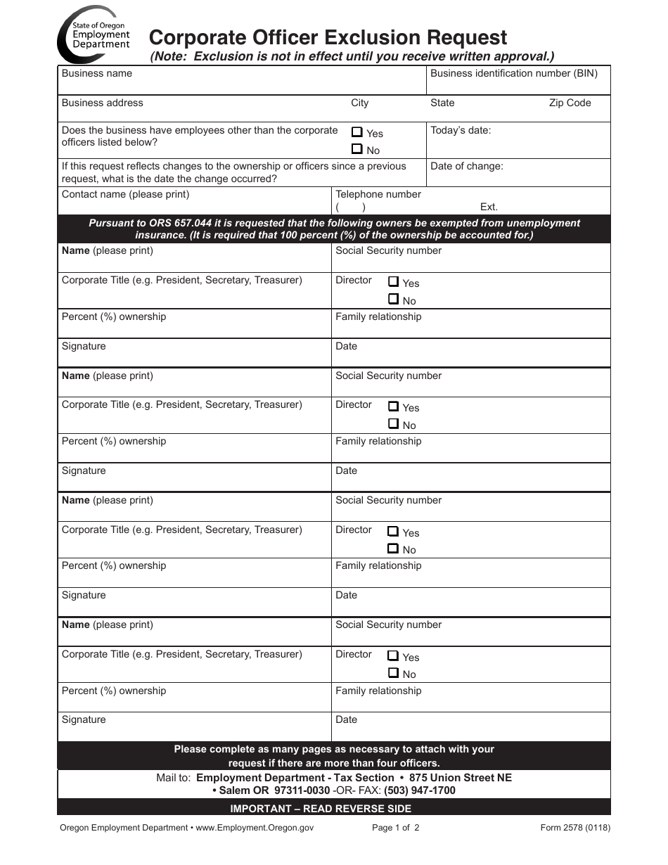 Form 2578 - Fill Out, Sign Online and Download Fillable PDF, Oregon ...