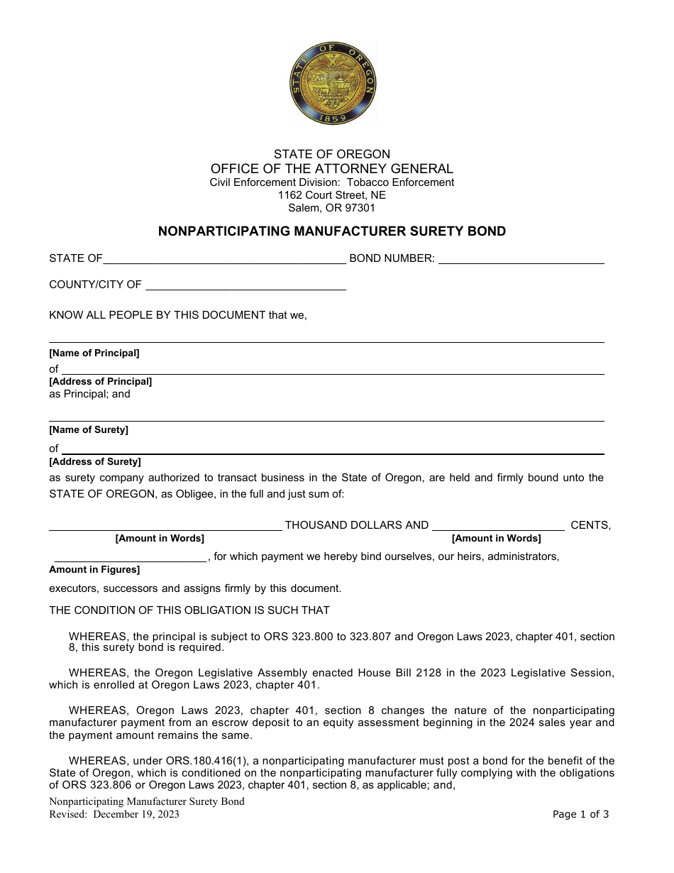 Oregon Nonparticipating Manufacturer Surety Bond Download Fillable PDF ...