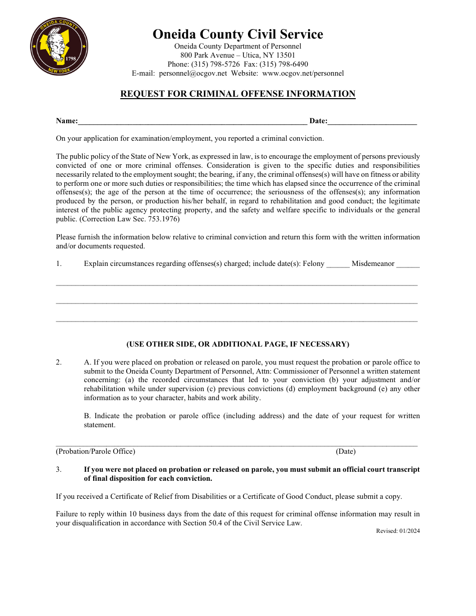 Oneida County, New York Request for Criminal Offense Information Download Fillable PDF ...