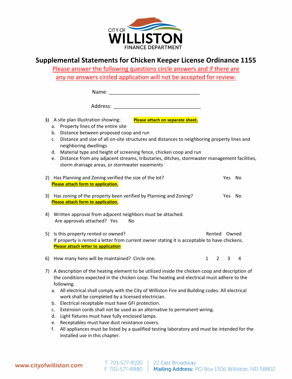 City of Williston, North Dakota Supplemental Statements for Chicken ...