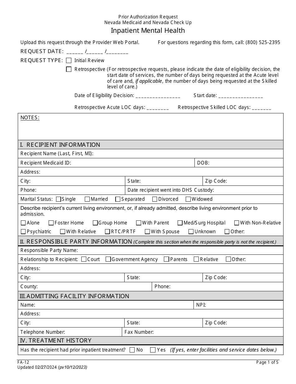 Form FA-12 Download Fillable PDF or Fill Online Prior Authorization Request - Inpatient Mental ...