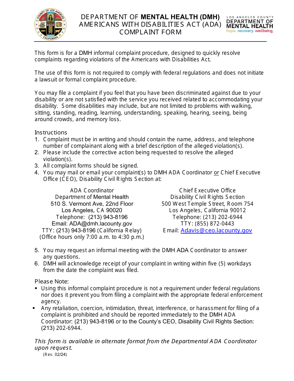 County of Los Angeles, California Americans With Disabilities Act (Ada) Complaint Form - Fill ...