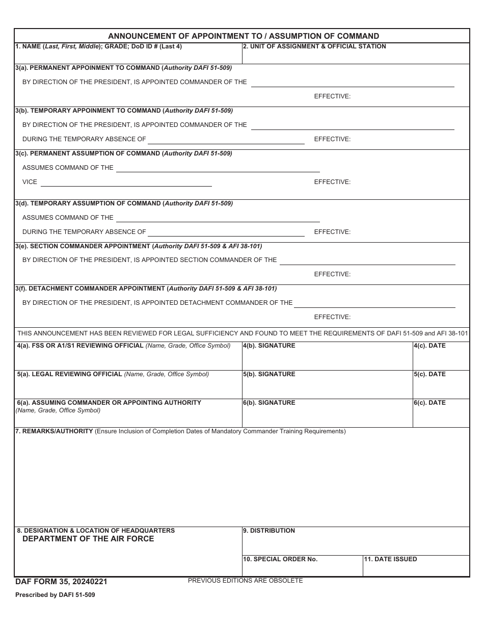 DAF Form 35 Download Fillable PDF or Fill Online Announcement of ...