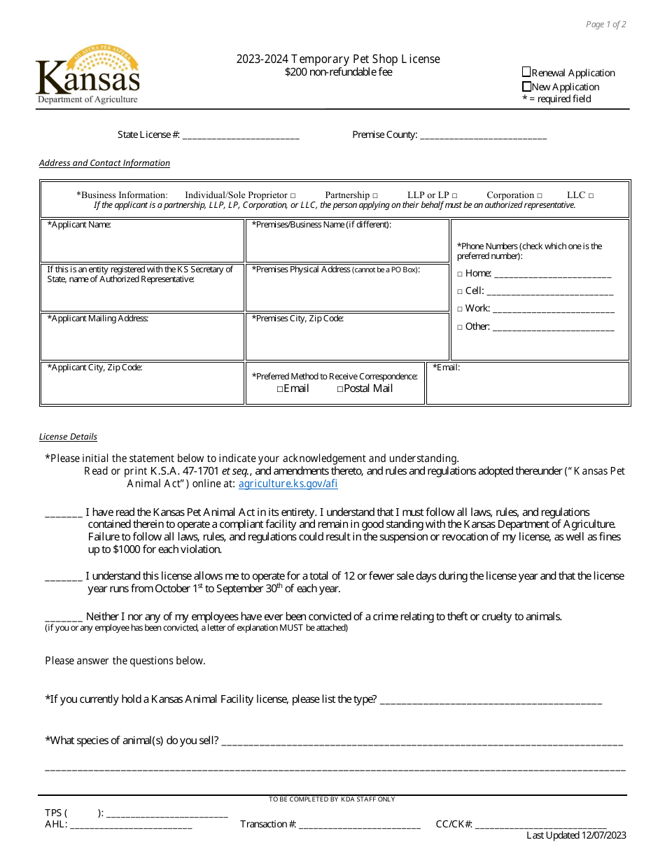 2024 Kansas Temporary Pet Shop License Download Fillable PDF ...