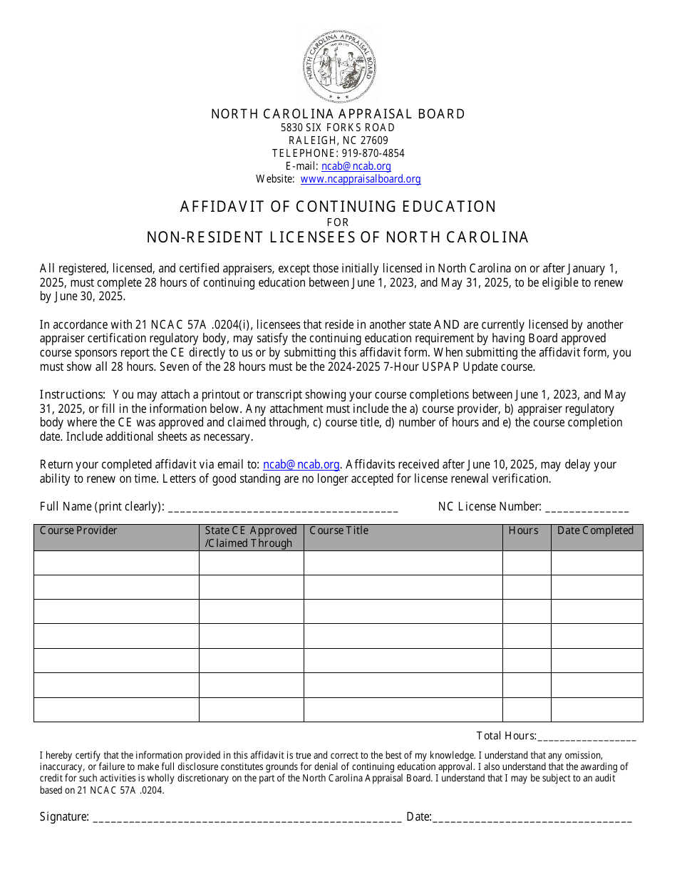 2025 North Carolina Affidavit of Continuing Education for Non-resident Licensees of North ...