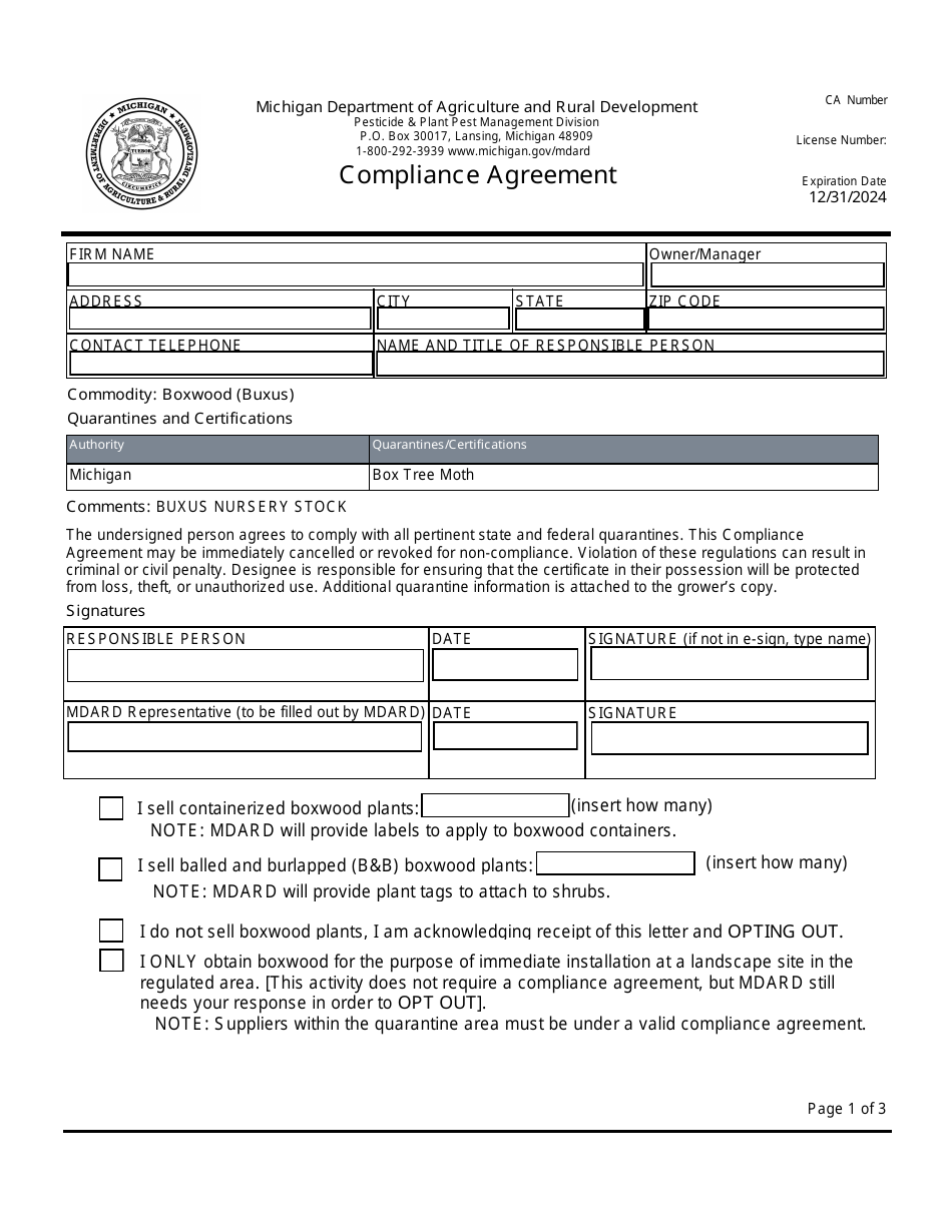 Michigan Box Tree Moth Compliance Agreement - Fill Out, Sign Online and ...