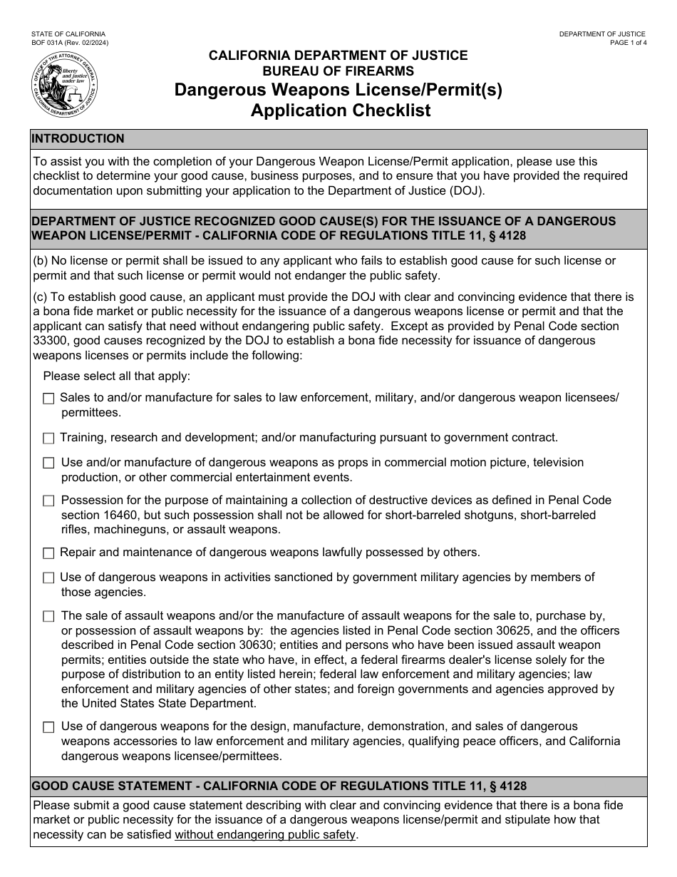 Form BOF031A Download Fillable PDF or Fill Online Dangerous Weapons License/Permit(S ...