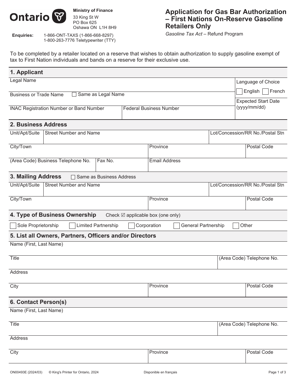Form ON00493E Download Fillable PDF or Fill Online Application for Gas ...
