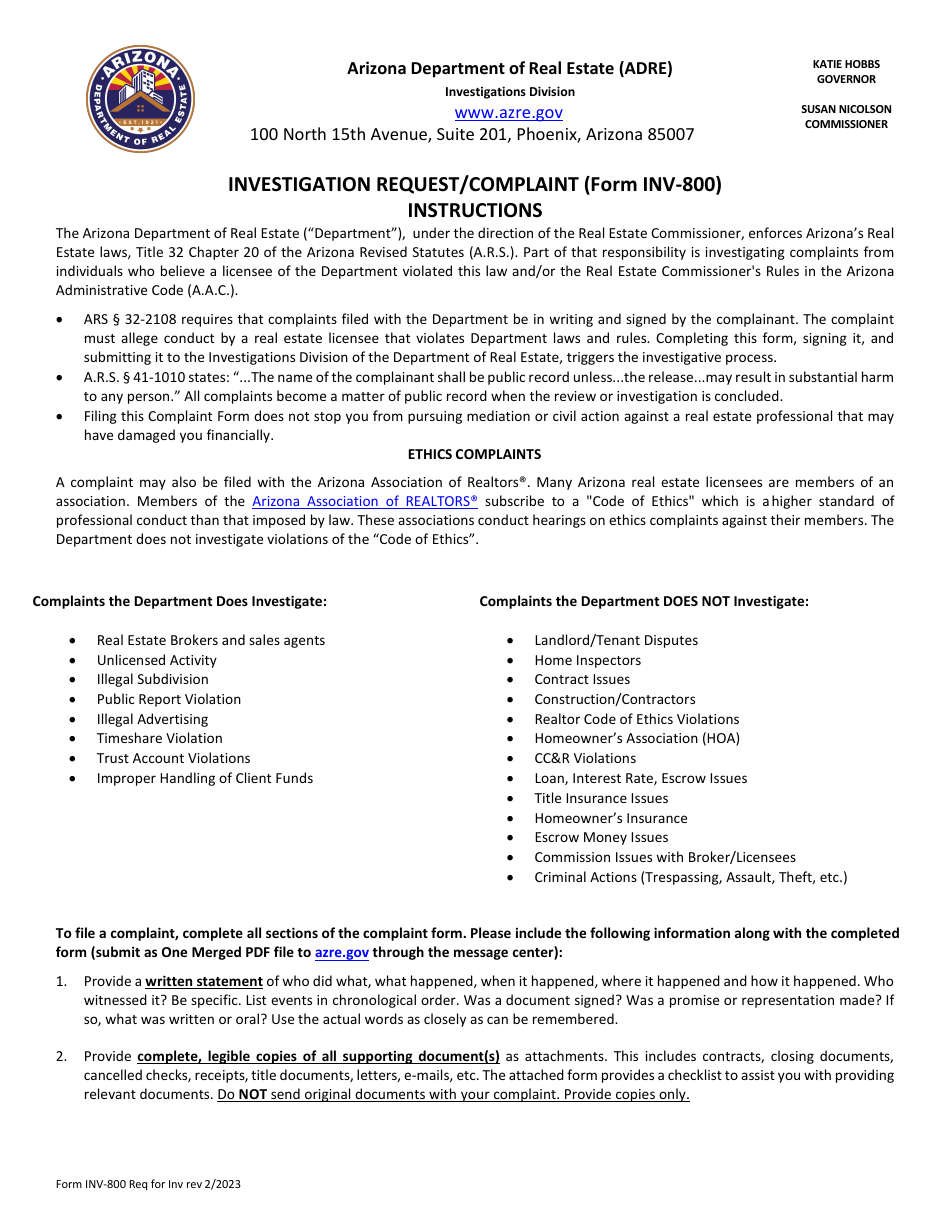Form INV-800 Download Fillable PDF or Fill Online Investigation Request ...