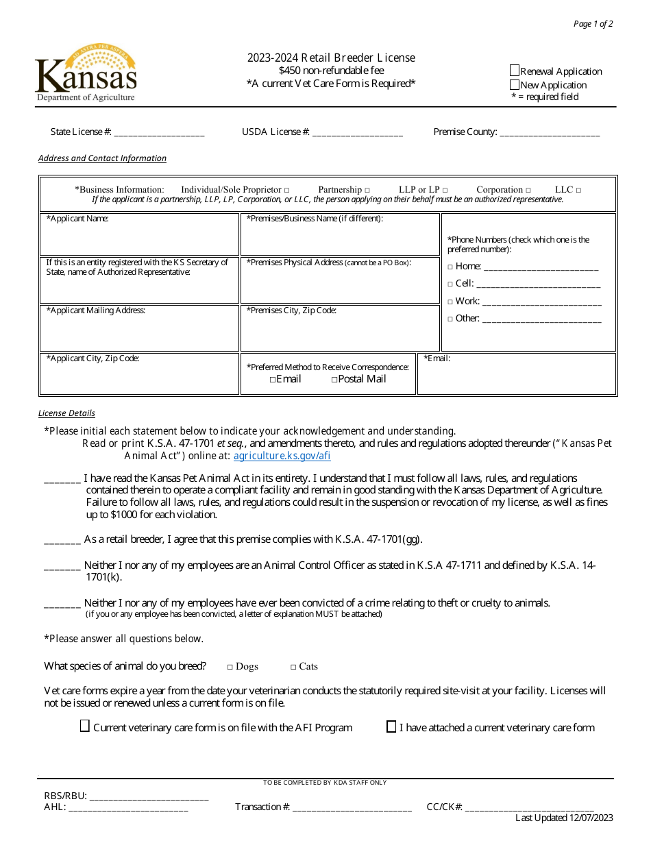 2024 Kansas Retail Breeder License Application Download Fillable PDF ...