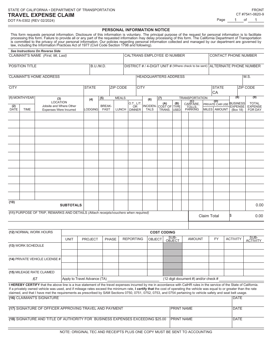 Form DOT FA-0302 Download Fillable PDF or Fill Online Travel Expense ...