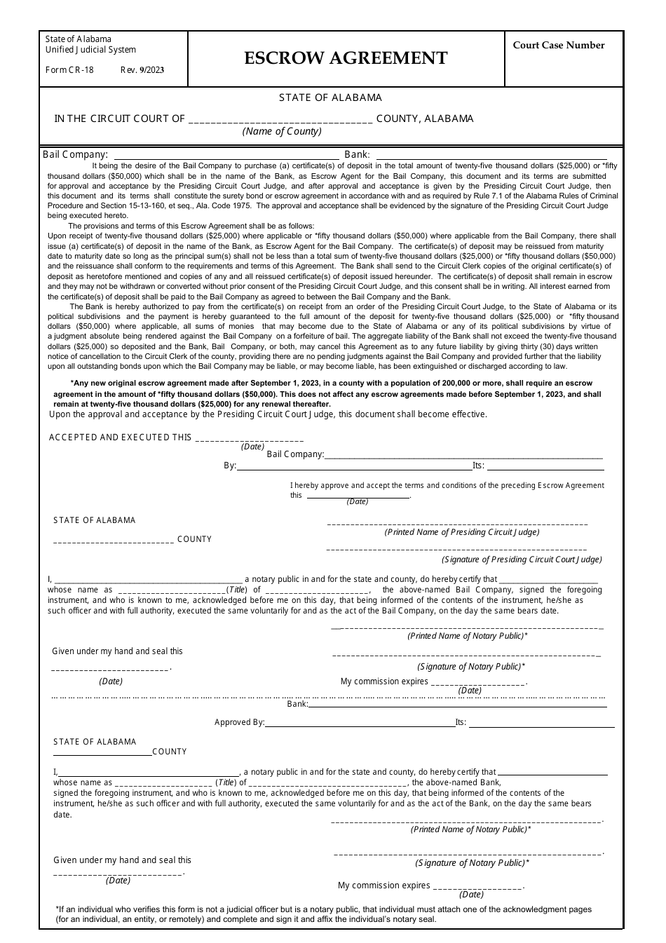 Form CR-18 Download Fillable PDF or Fill Online Escrow Agreement ...