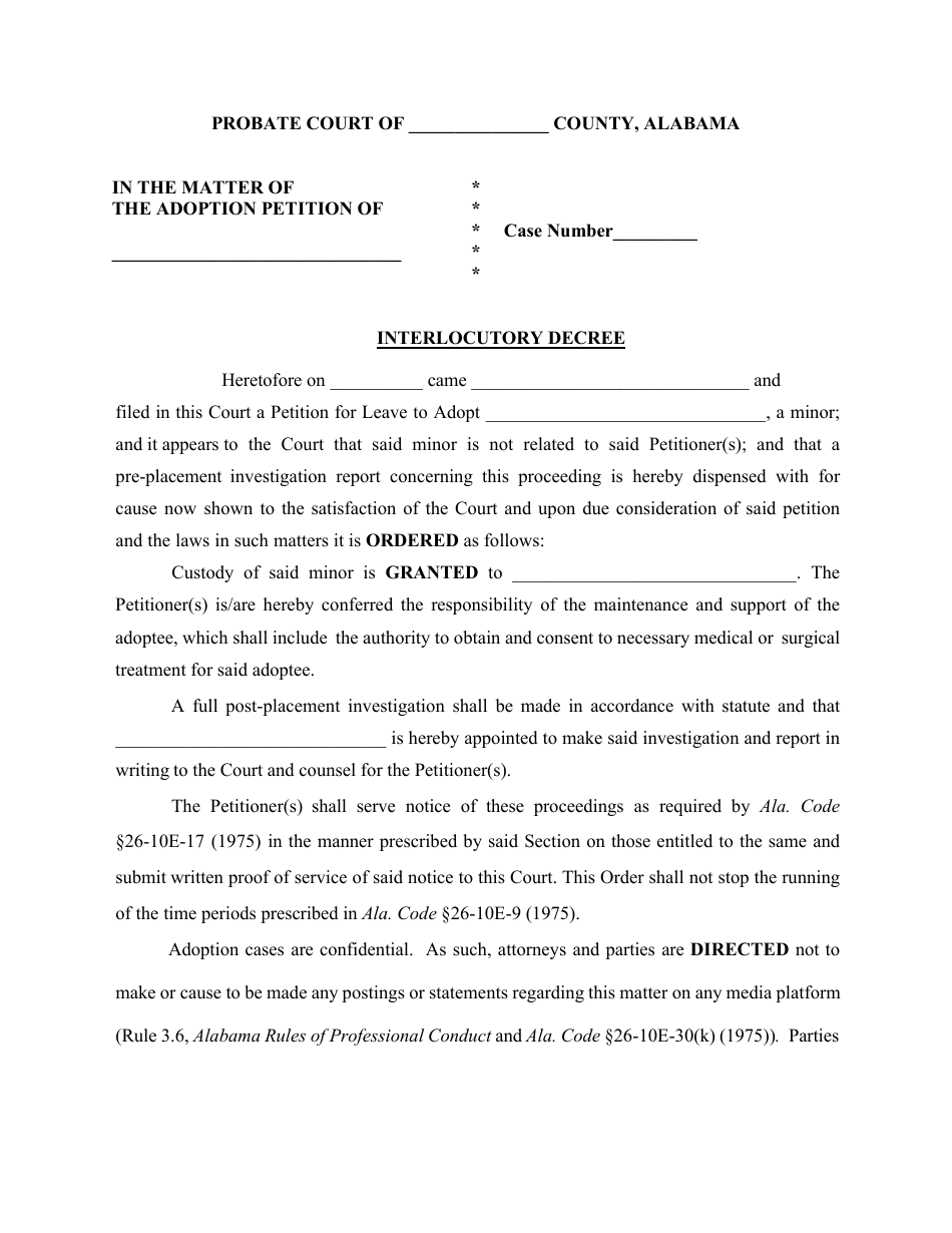 Alabama Interlocutory Decree - Non-related Preplacement Waived - Fill ...