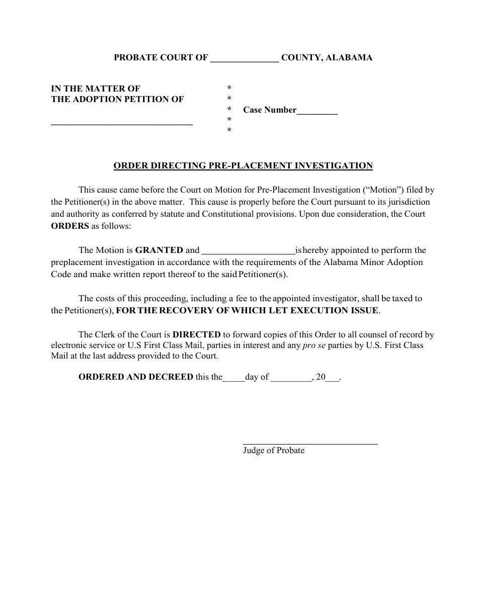 Alabama Order Directing Pre-placement Investigation - Fill Out, Sign ...