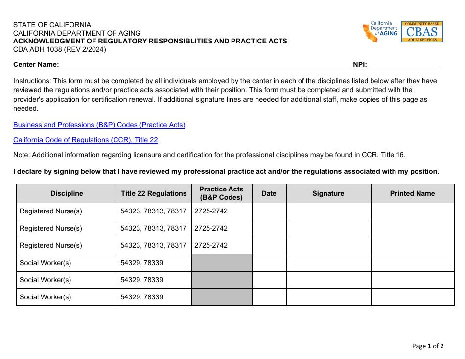 Form CDA ADH1038 Download Fillable PDF or Fill Online Acknowledgment of ...