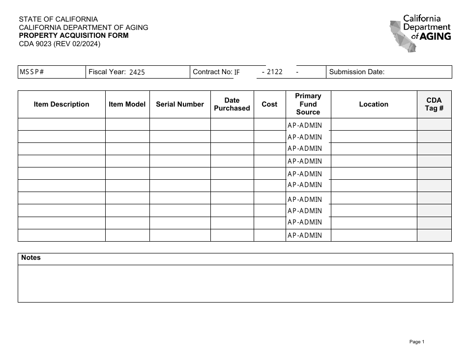 Form CDA9023 Download Fillable PDF or Fill Online Property Acquisition ...