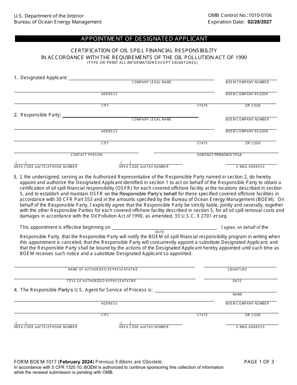 Form BOEM-1017 Download Fillable PDF or Fill Online Appointment of ...
