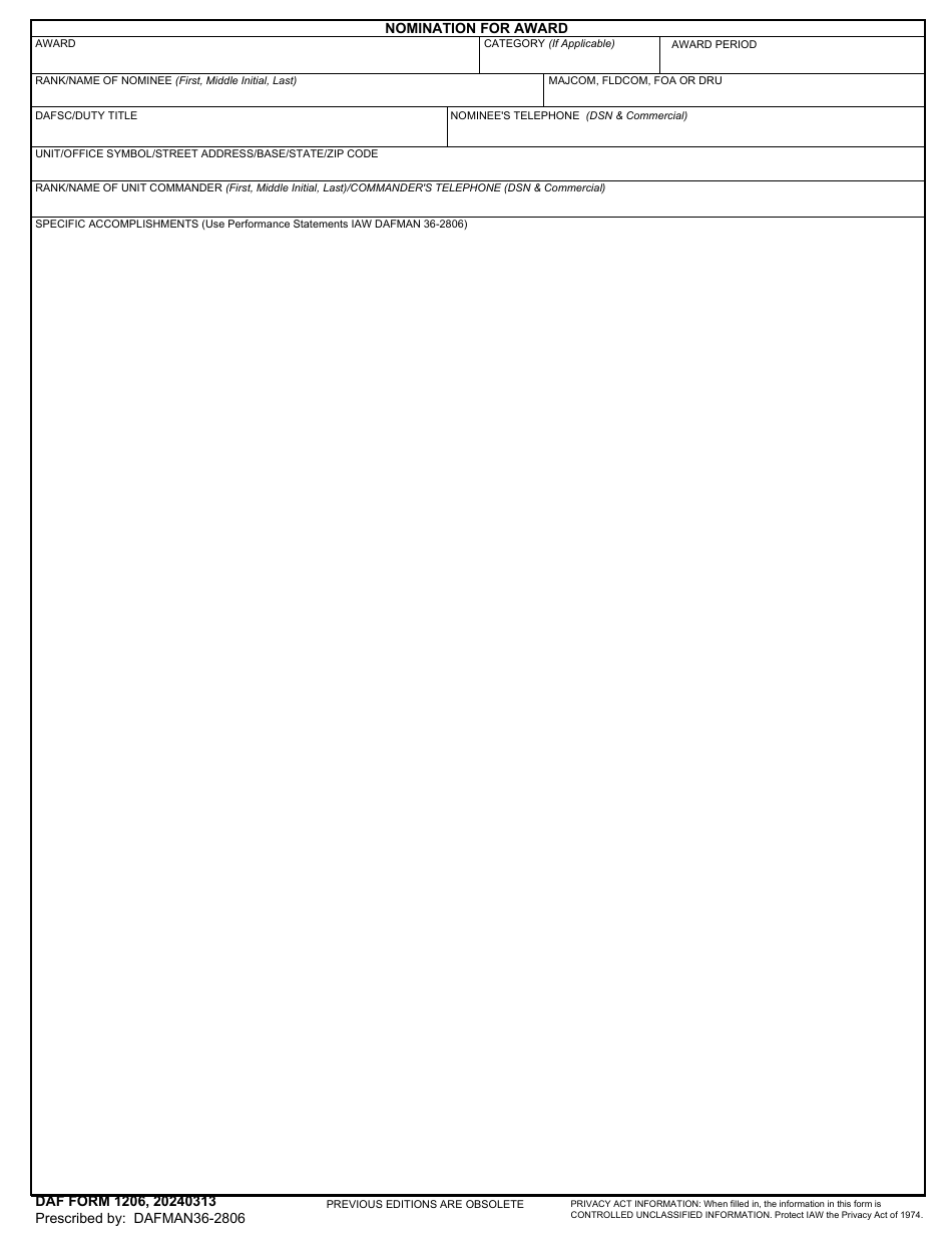 DAF Form 1206 Download Fillable PDF or Fill Online Nomination for Award ...