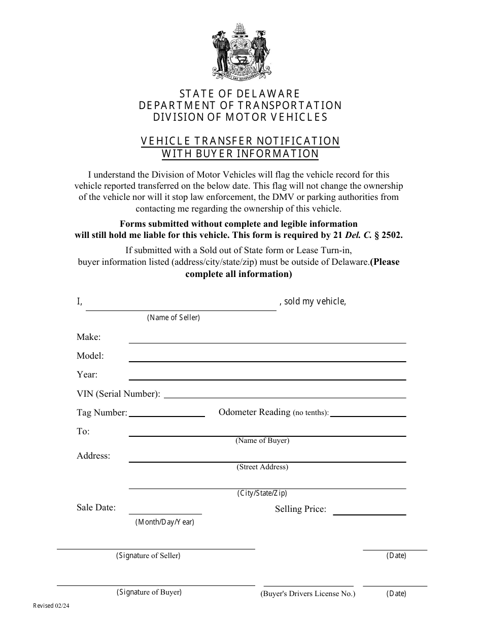 Delaware Vehicle Transfer Notification With Buyer Information Download ...