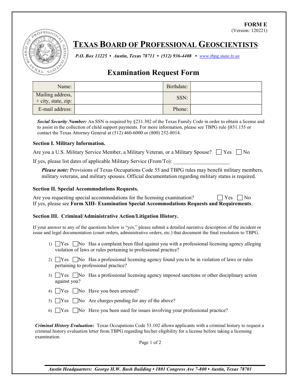 Form E - Fill Out, Sign Online and Download Fillable PDF, Texas ...