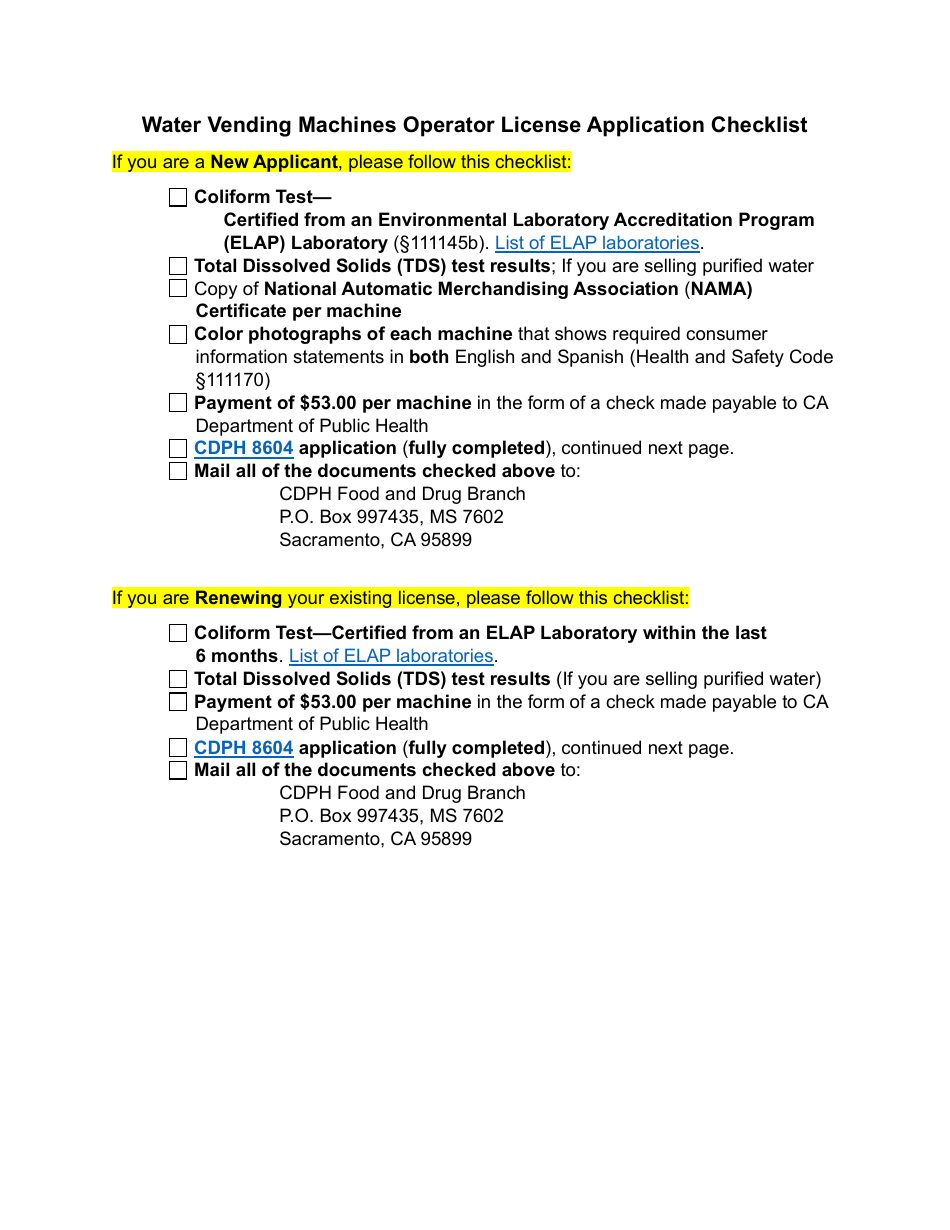 Form CDPH8604 Download Fillable PDF or Fill Online Water Vending ...