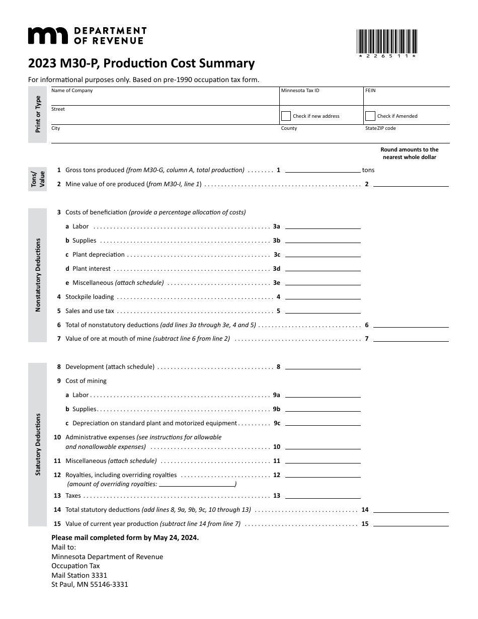 Form M30-P Download Fillable PDF or Fill Online Production Cost Summary ...