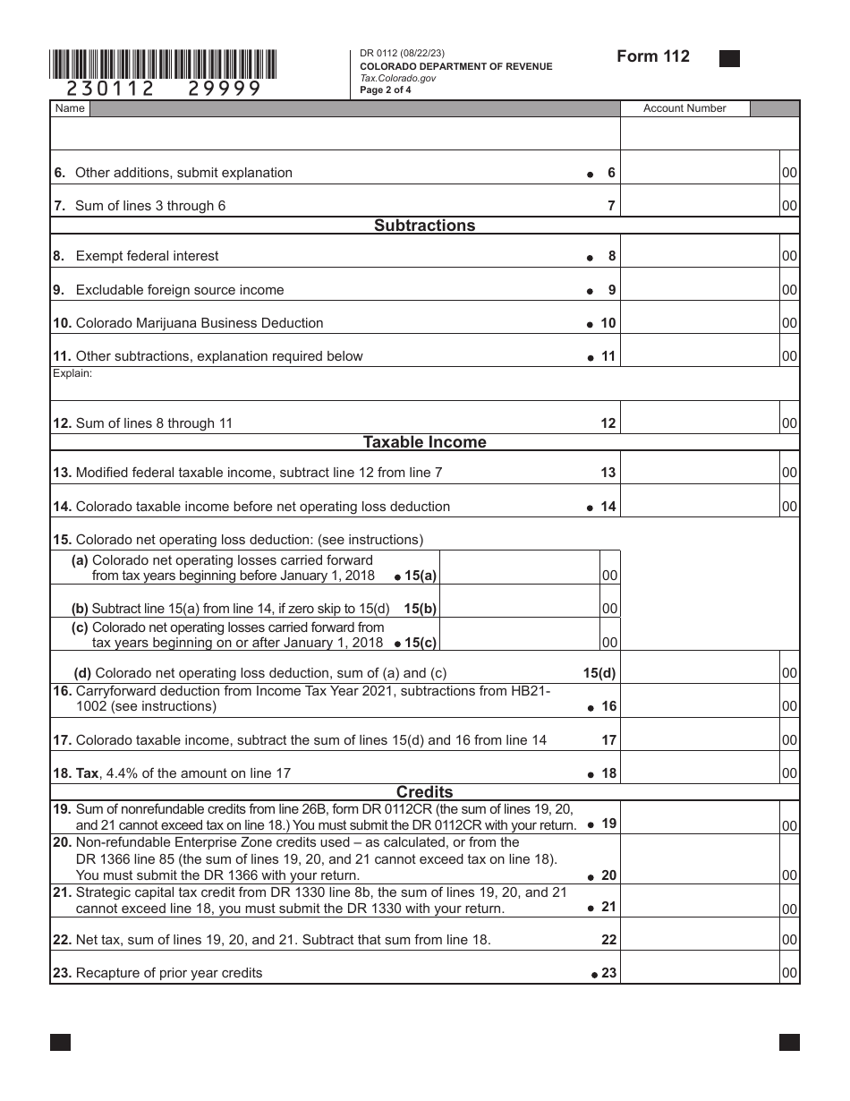 Form DR0112 Download Fillable PDF or Fill Online Colorado C Corporation ...