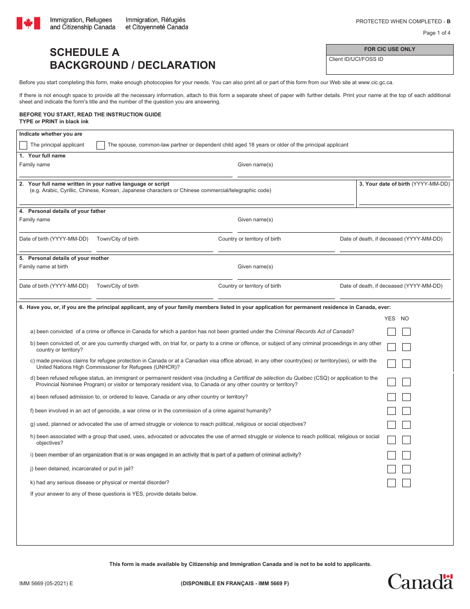 Form IMM5669 Schedule A Download Fillable PDF or Fill Online Background ...