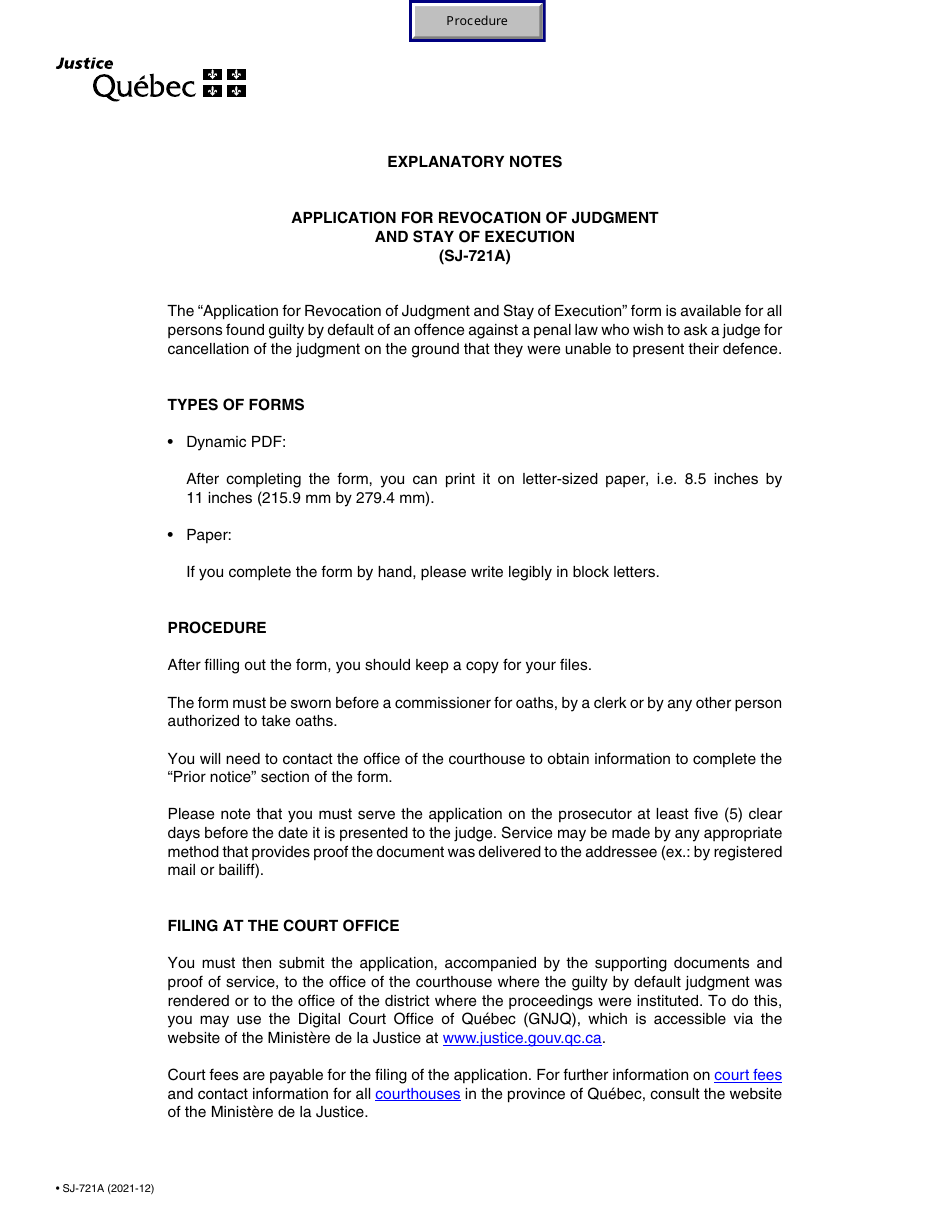 Form SJ-721A - Fill Out, Sign Online and Download Fillable PDF, Quebec Canada | Templateroller