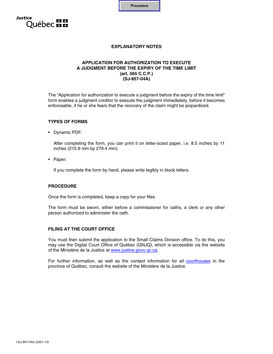 Form SJ-857-04A - Fill Out, Sign Online and Download Fillable PDF, Quebec Canada | Templateroller