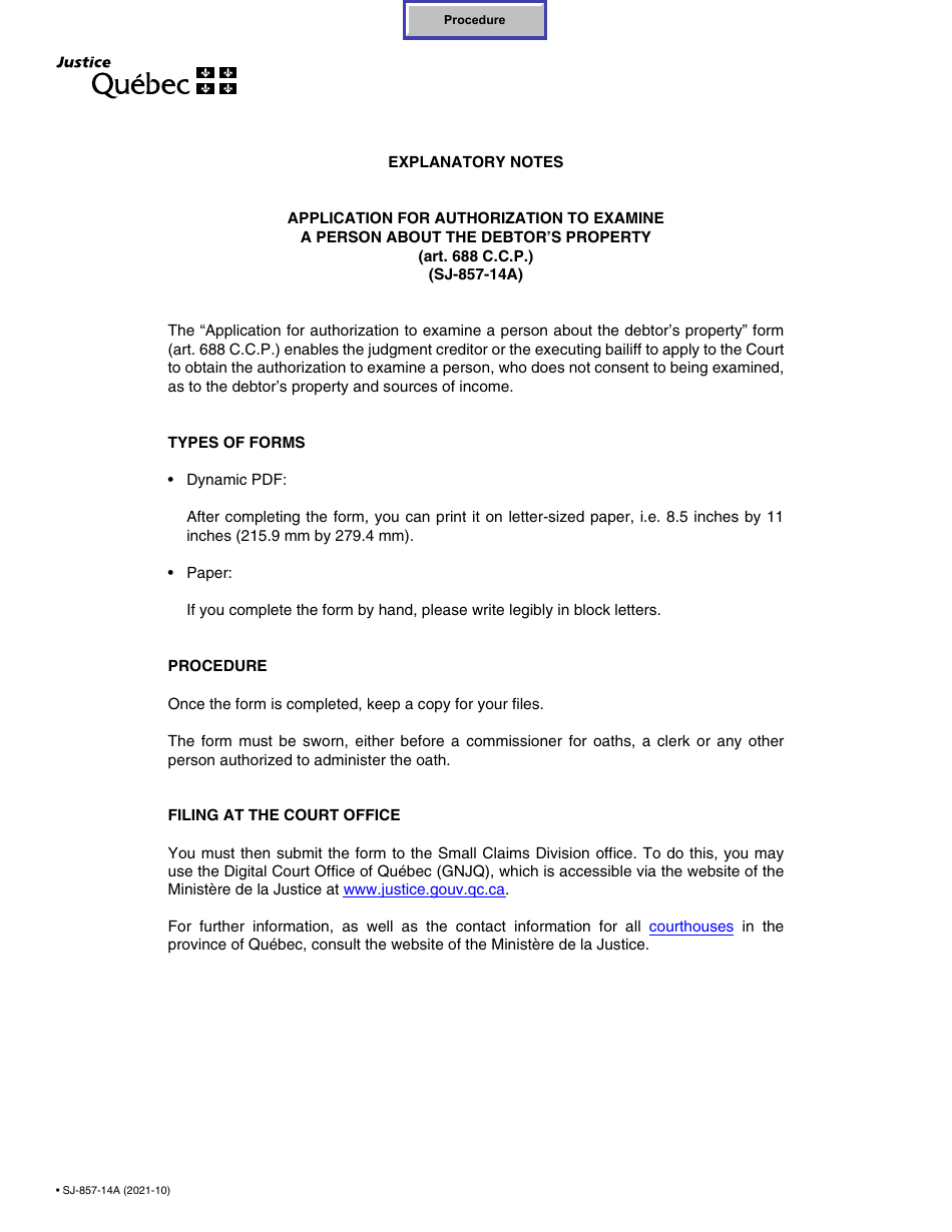 Form SJ-857-14A - Fill Out, Sign Online and Download Fillable PDF, Quebec Canada | Templateroller