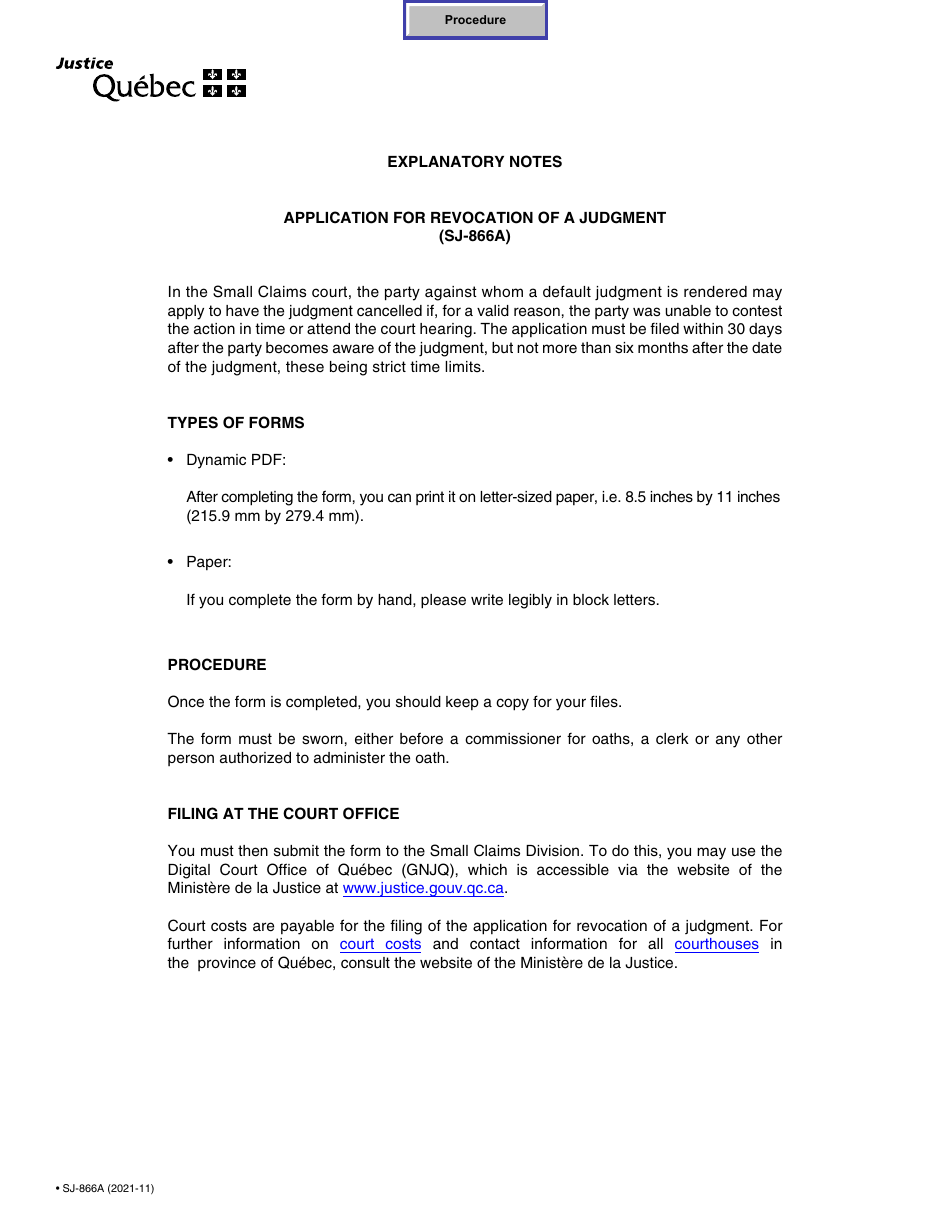 Form SJ-866A - Fill Out, Sign Online and Download Fillable PDF, Quebec ...