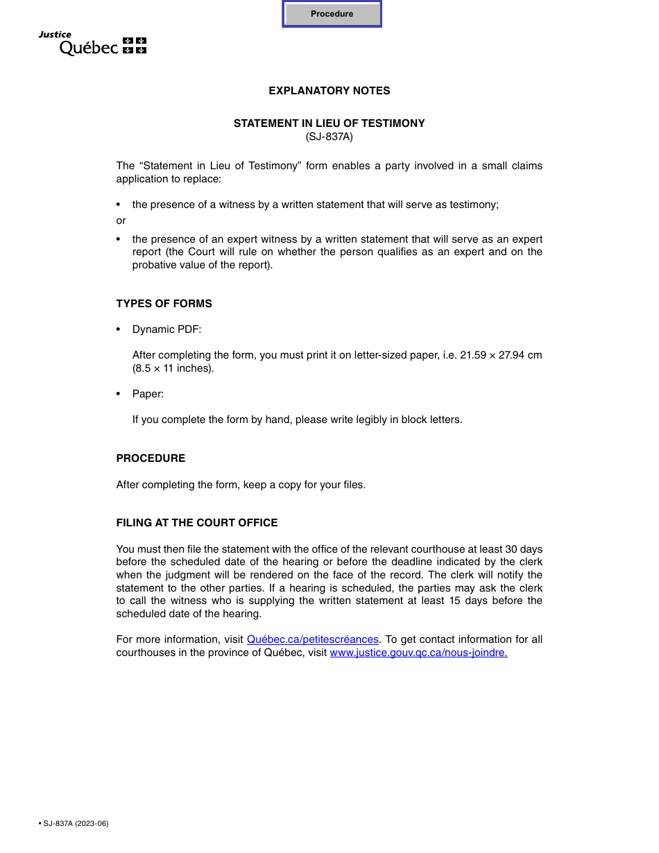 Form SJ-837A Download Fillable PDF or Fill Online Statement in Lieu of ...