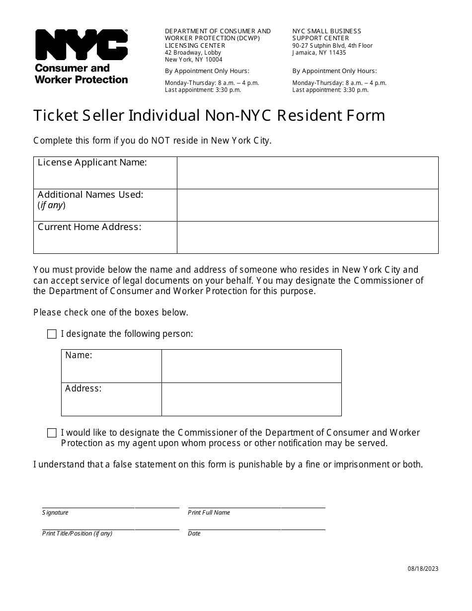 New York City Ticket Seller Individual Non-nyc Resident Form Download Printable PDF 2022 — 2024 ...