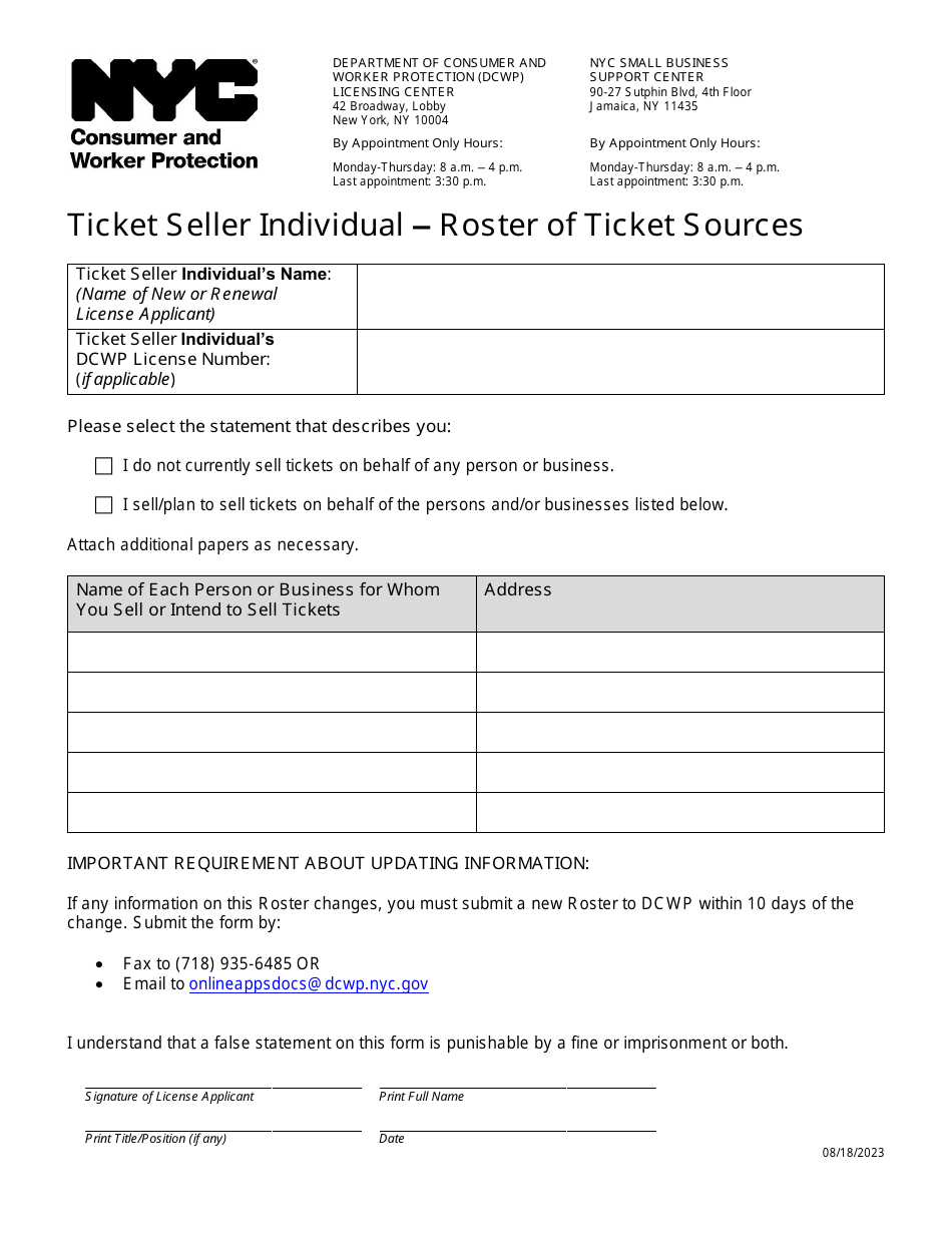 New York City Ticket Seller Individual - Roster of Ticket Sources Download Printable PDF 2022 ...