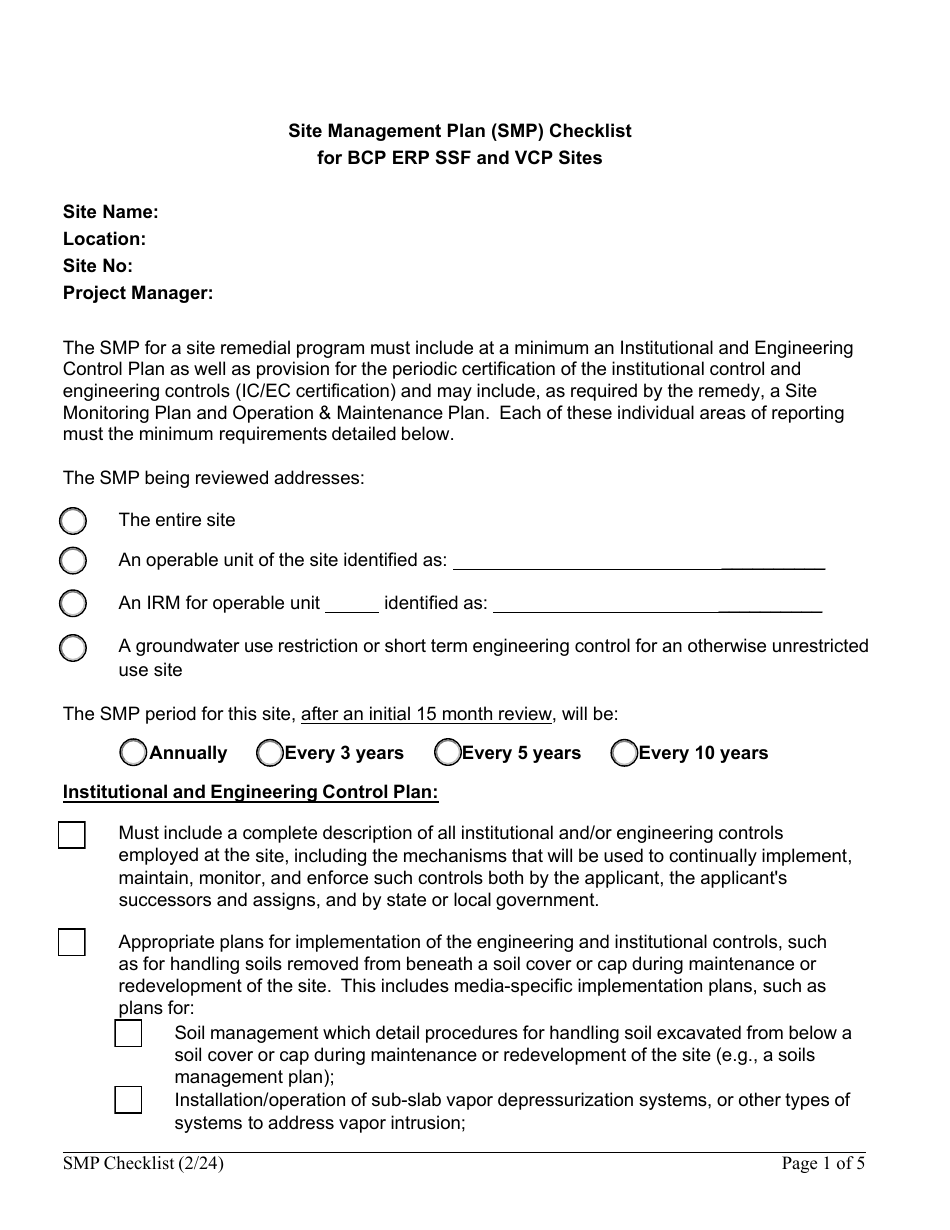 New York Site Management Plan (SMP) Checklist for Bcp Erp Ssf and Vcp ...