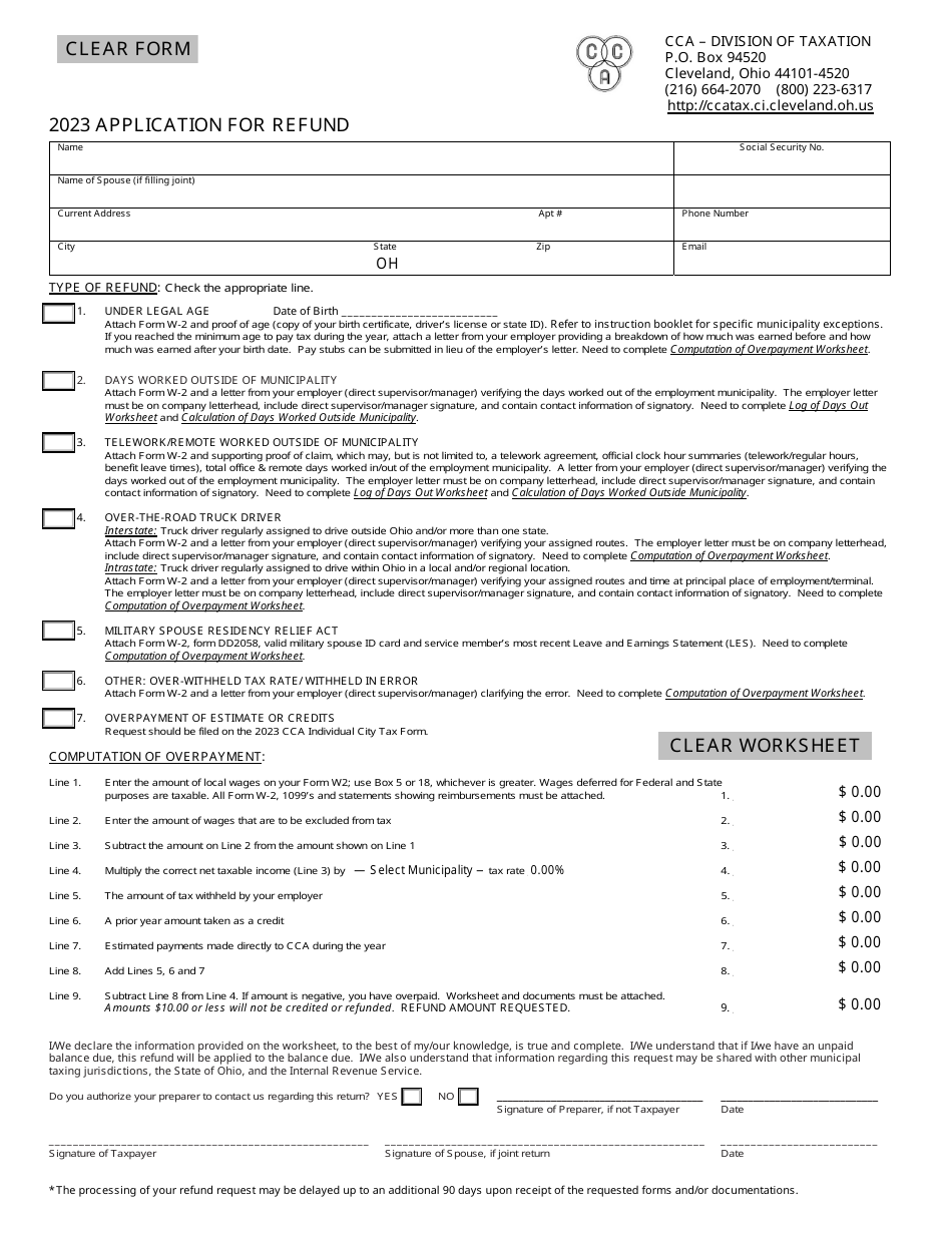 2023 City of Cleveland, Ohio Application for Refund - Fill Out, Sign Online and Download PDF ...