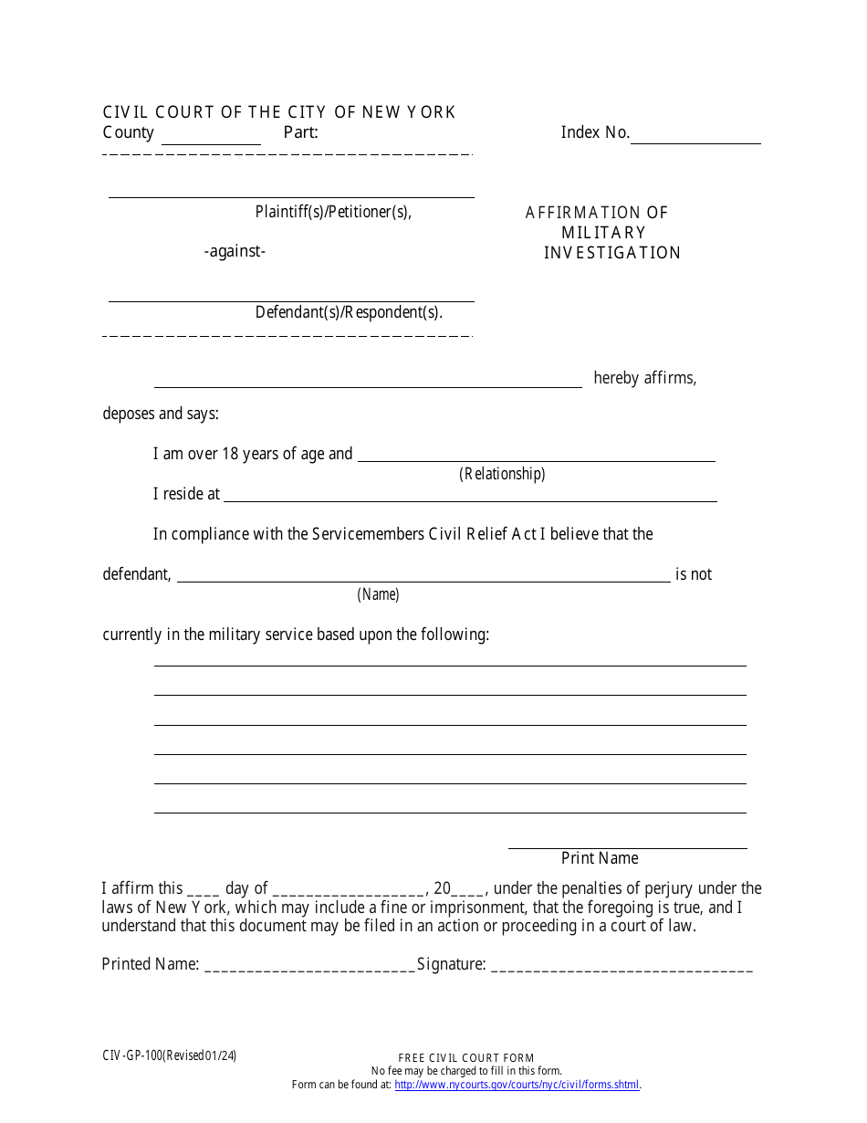 Form CIV-GP-100 Download Fillable PDF or Fill Online Affirmation of Military Investigation, New ...