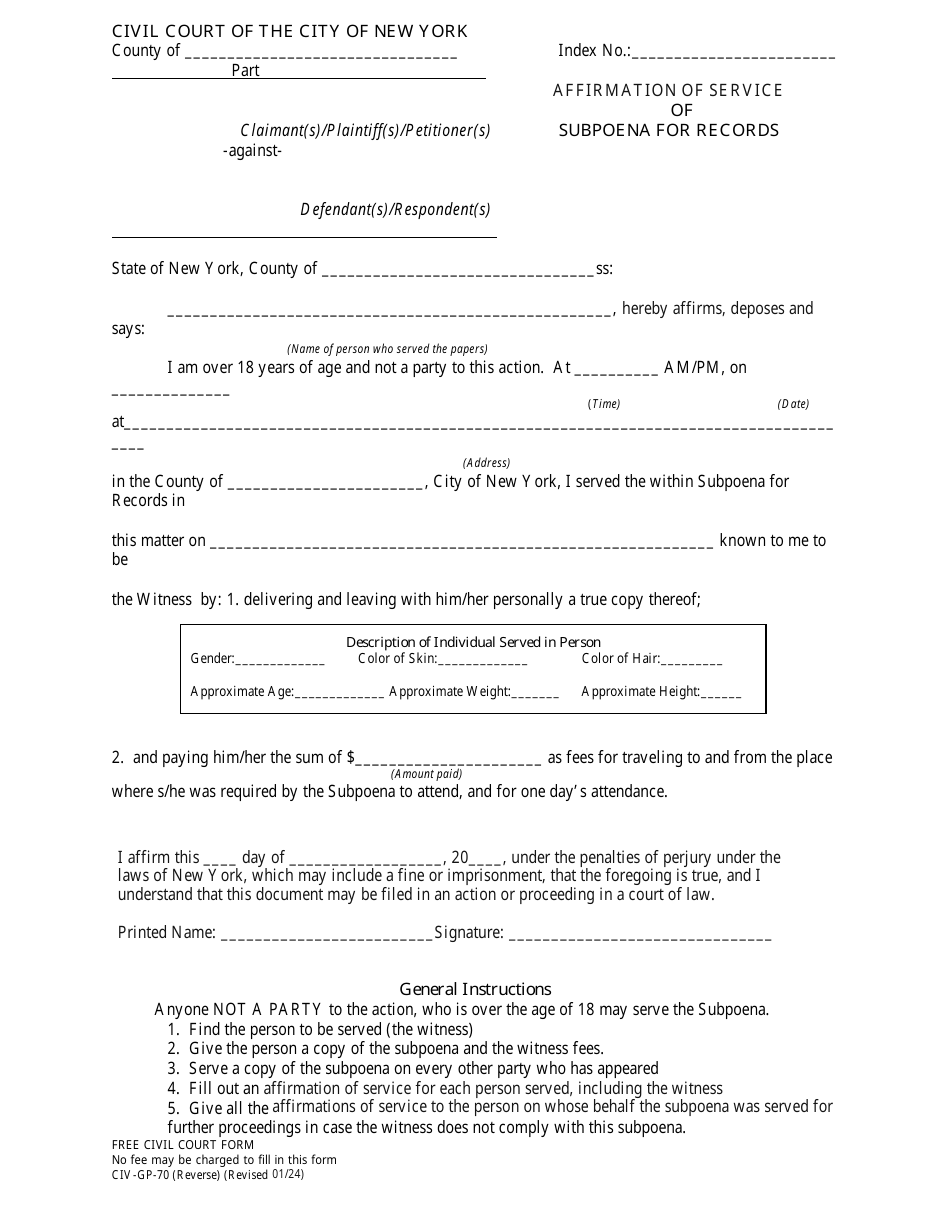 Form CIV-GP-70 Download Fillable PDF or Fill Online Affirmation of ...
