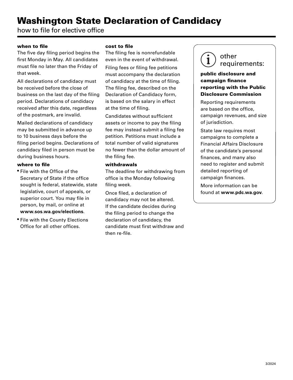 Washington Washington State Declaration of Candidacy Download Fillable ...