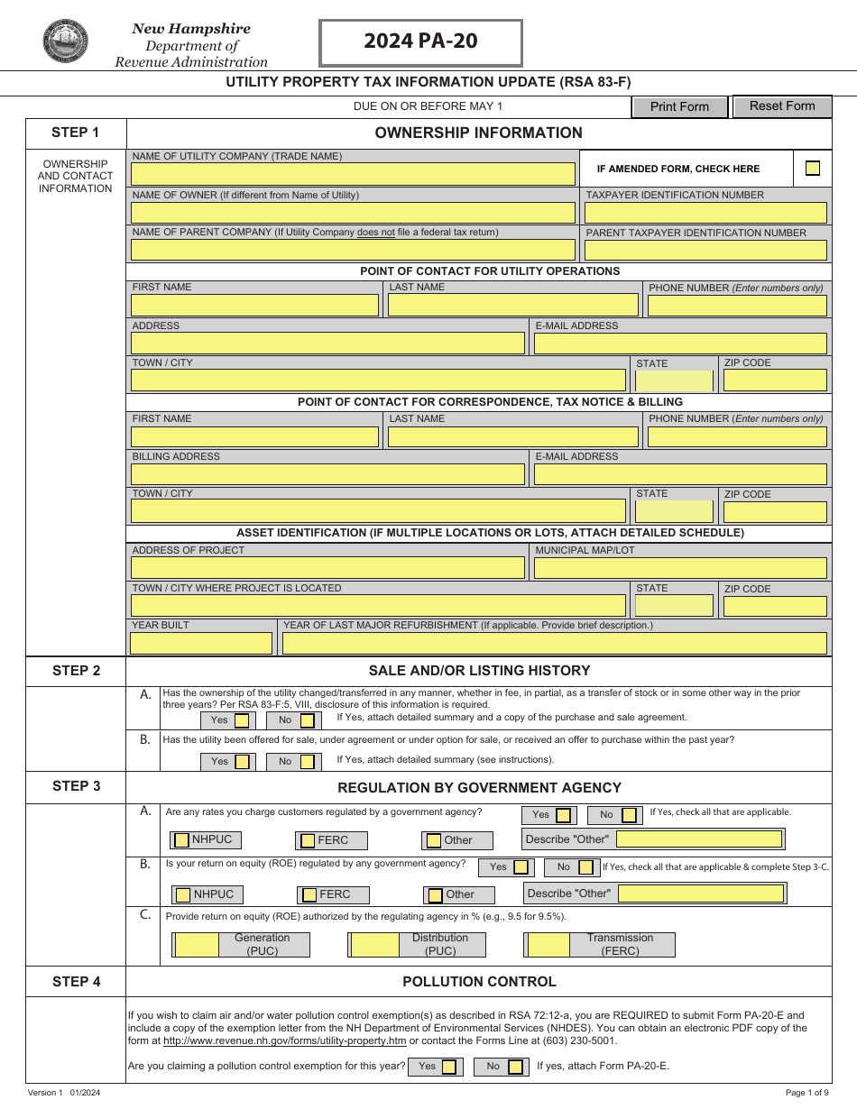 Form PA-20 Download Fillable PDF or Fill Online Utility Property Tax ...