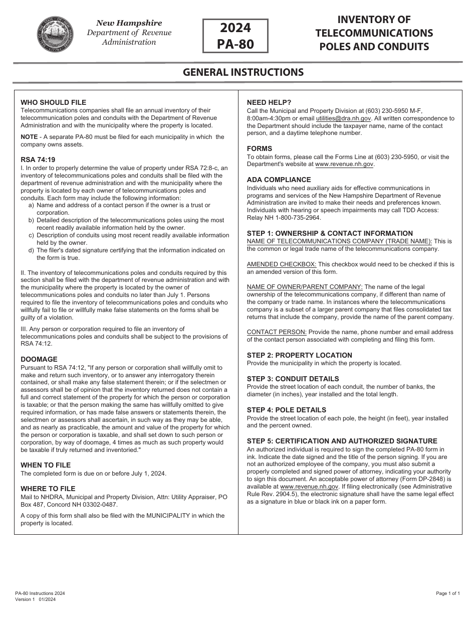 Download Instructions for Form PA-80 Inventory of Telecommunications ...