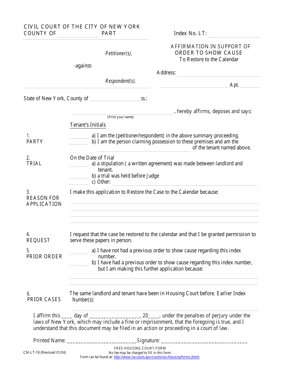 Form CIV-LT-10 - Fill Out, Sign Online and Download Fillable PDF, New York City | Templateroller