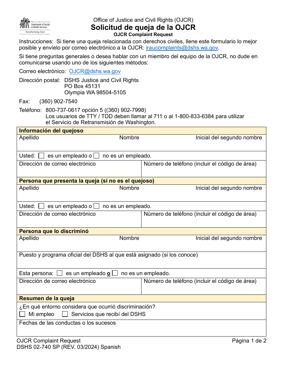 DSHS Formulario 02-740 Download Printable PDF or Fill Online Solicitud ...