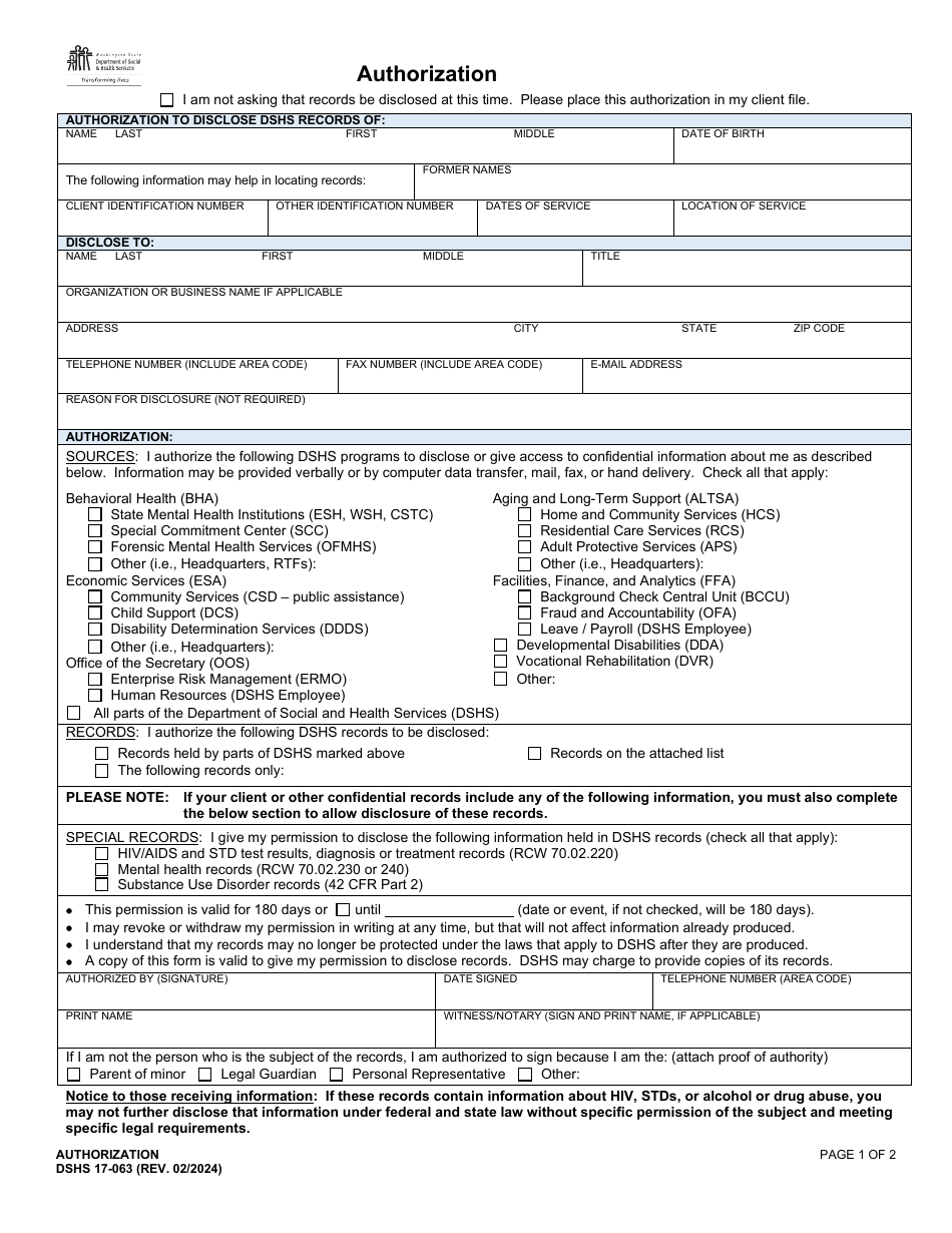 DSHS Form 17-063 Download Fillable PDF or Fill Online Authorization ...