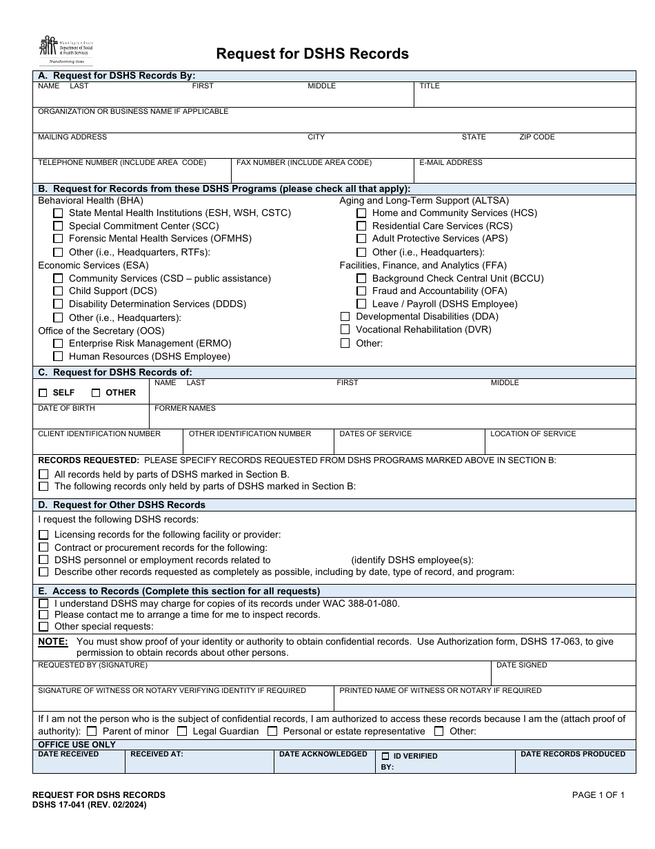 DSHS Form 17-041 Download Fillable PDF or Fill Online Request for Dshs ...
