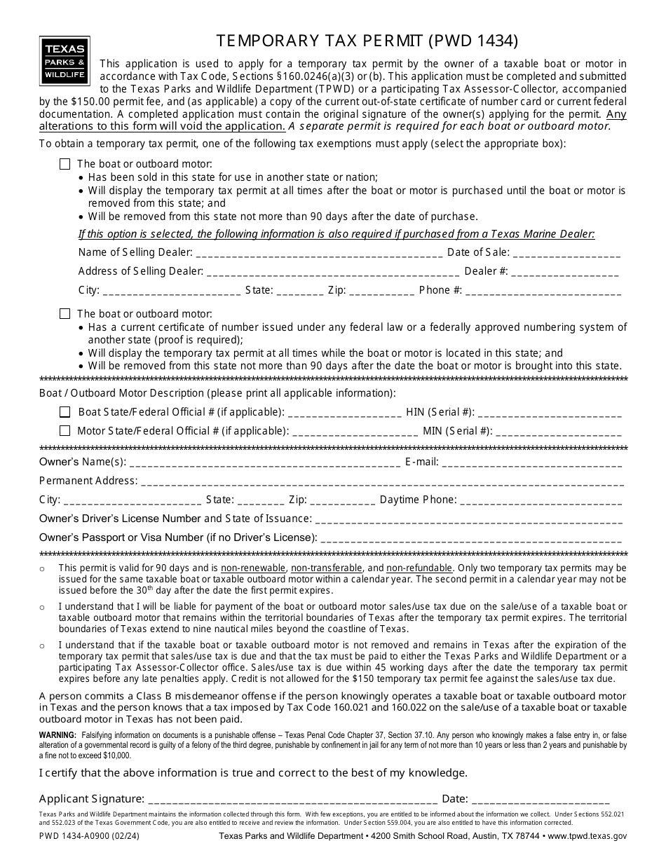 Form PWD1434 Download Fillable PDF or Fill Online Temporary Tax Permit ...